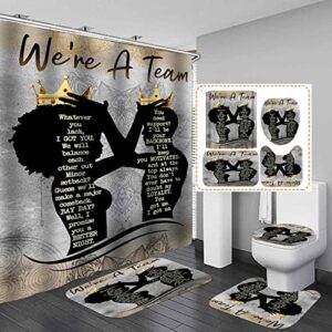 fashion_man olebety 4pcs african american woman man shower curtain set, romantic afro black queen king luxury gold crown grey mandala flower inspirational quotes bathroom decor, non-slip bath rugs