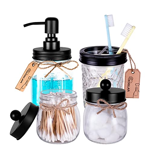 Mason Jar Bathroom Accessories Set 4 Pcs - Lotion Soap Dispenser & Toothbrush Holder & 2 Cotton Swab Holders - Rustic Farmhouse Bathroom Decor Countertop Vanity Organizer, Black