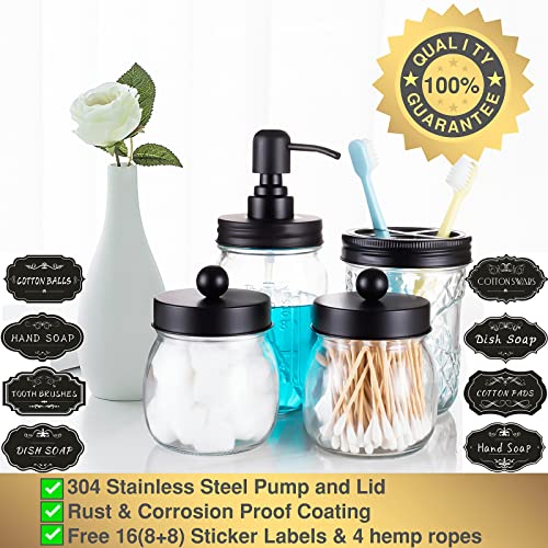 Mason Jar Bathroom Accessories Set 4 Pcs - Lotion Soap Dispenser & Toothbrush Holder & 2 Cotton Swab Holders - Rustic Farmhouse Bathroom Decor Countertop Vanity Organizer, Black