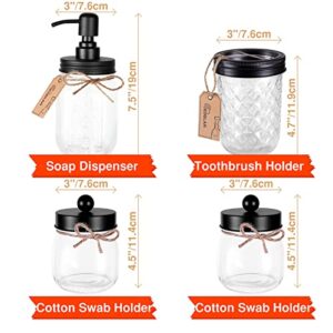 Mason Jar Bathroom Accessories Set 4 Pcs - Lotion Soap Dispenser & Toothbrush Holder & 2 Cotton Swab Holders - Rustic Farmhouse Bathroom Decor Countertop Vanity Organizer, Black