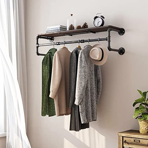 GREENSTELL Clothes Rack with Top Shelf, 41in Industrial Pipe Wall Mounted Garment Rack, Space-Saving Display Hanging Clothes Rack, Heavy Duty Detachable Multi-Purpose Hanging Rod for Closet Storage