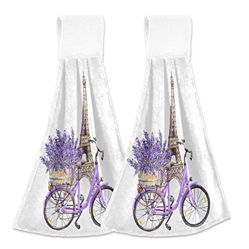 2 Pack Purple Lavender Eiffel Tower Hanging Kitchen Towels Romantic Spring Floral Bicycle Hand Towel with Loop Soft Microfiber Dish Towels Tie Towel for Bathroom Absorbent Washcloth