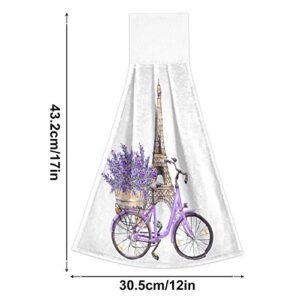 2 Pack Purple Lavender Eiffel Tower Hanging Kitchen Towels Romantic Spring Floral Bicycle Hand Towel with Loop Soft Microfiber Dish Towels Tie Towel for Bathroom Absorbent Washcloth