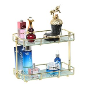 x-cosrack 2-tier bathroom organizer countertop, bathroom countertop storage shelf with removable marble glass tray, vanity tray cosmetic organizer holder gold