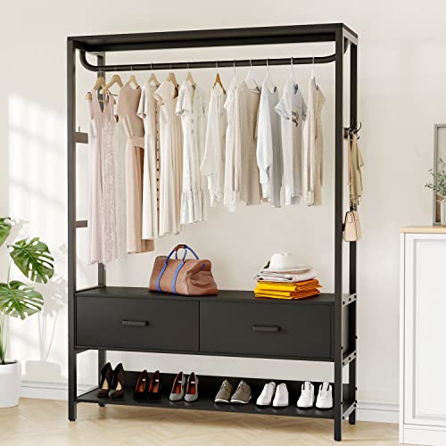 HOKEEPER Free Standing Closet Organizer with Drawers and Hooks, Heavy Duty Metal Clothes Clothing Garment Rack with Shelves Wardrobe Closet for Hanging Clothes Closet Storage Shelves for Bedroom Black