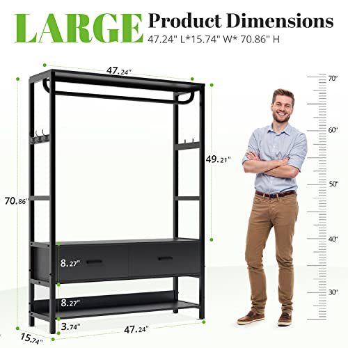 HOKEEPER Free Standing Closet Organizer with Drawers and Hooks, Heavy Duty Metal Clothes Clothing Garment Rack with Shelves Wardrobe Closet for Hanging Clothes Closet Storage Shelves for Bedroom Black