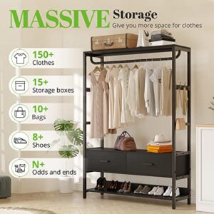 HOKEEPER Free Standing Closet Organizer with Drawers and Hooks, Heavy Duty Metal Clothes Clothing Garment Rack with Shelves Wardrobe Closet for Hanging Clothes Closet Storage Shelves for Bedroom Black