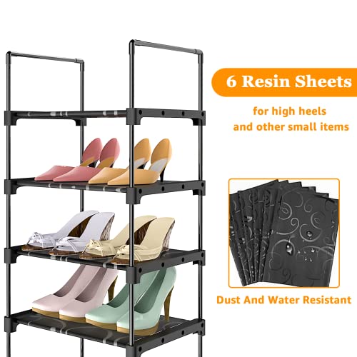 Goramio 10 Tiers Tall Shoe Rack, 20-24 Pairs Shoe and Boots Storage Organizer, Stackable Metal Shoe Shelf with Hooks, Space Saving Narrow Shoe Rack for Entryway, Closet, Bedroom, Sturdy, Black