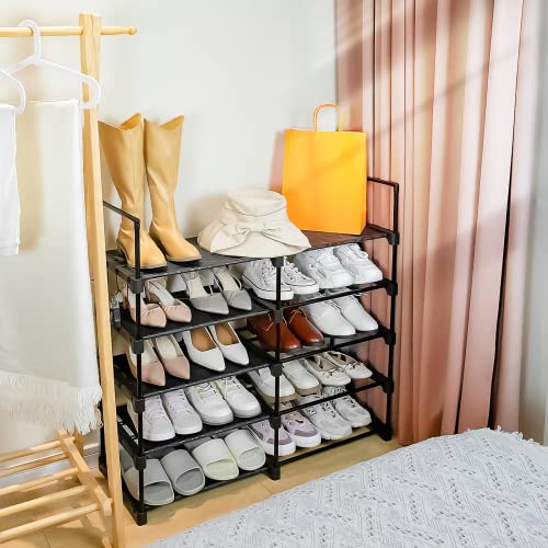 Goramio 10 Tiers Tall Shoe Rack, 20-24 Pairs Shoe and Boots Storage Organizer, Stackable Metal Shoe Shelf with Hooks, Space Saving Narrow Shoe Rack for Entryway, Closet, Bedroom, Sturdy, Black