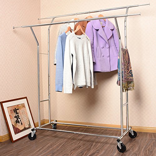 HOKEEPER 400 lbs Load Capacity Commercial Grade Clothing Garment Racks Heavy Duty Double Rails Adjustable Collapsible Rolling Clothes Rack on Wheels, Chrome Finish