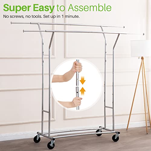 HOKEEPER 400 lbs Load Capacity Commercial Grade Clothing Garment Racks Heavy Duty Double Rails Adjustable Collapsible Rolling Clothes Rack on Wheels, Chrome Finish