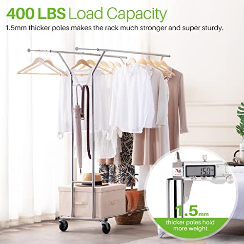 HOKEEPER 400 lbs Load Capacity Commercial Grade Clothing Garment Racks Heavy Duty Double Rails Adjustable Collapsible Rolling Clothes Rack on Wheels, Chrome Finish