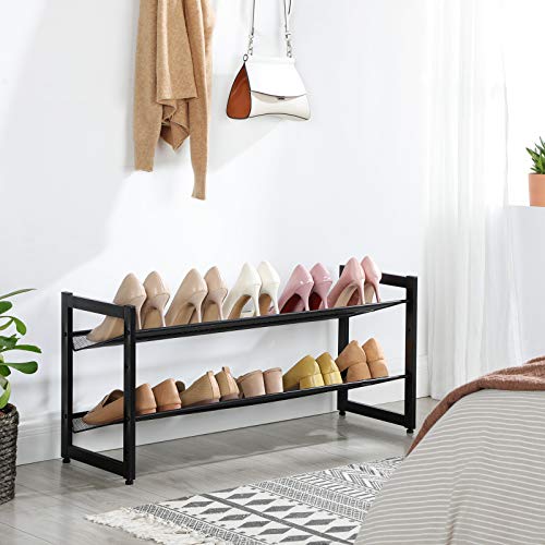 SONGMICS Shoe Rack, 2-Tier Stackable Shoe Storage Shelf, Flat or Angled Shoe Organizer, Metal Shoe Tower Stand for Closet Entryway, Black