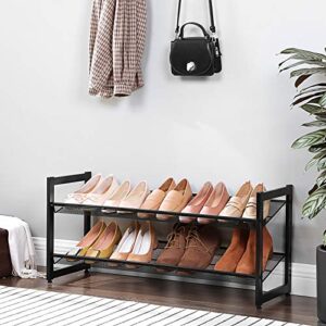 SONGMICS Shoe Rack, 2-Tier Stackable Shoe Storage Shelf, Flat or Angled Shoe Organizer, Metal Shoe Tower Stand for Closet Entryway, Black