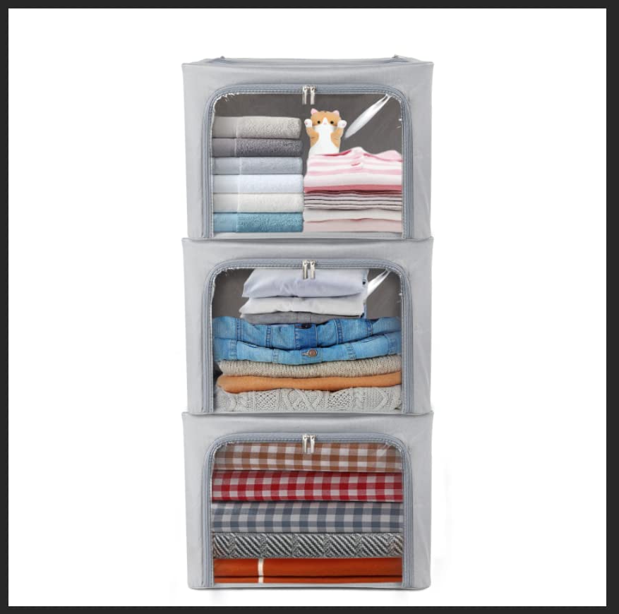 Stackable Clothes Storage Box for Clothing Gadgets,Steel Frame Storage Bins for Bedding Blankets Toys Gift,Foldable Oxford Fabric Closet Organizer Bag Set with Carry Handles and Clear Window (Large- 66L x3 Pack, Grey)