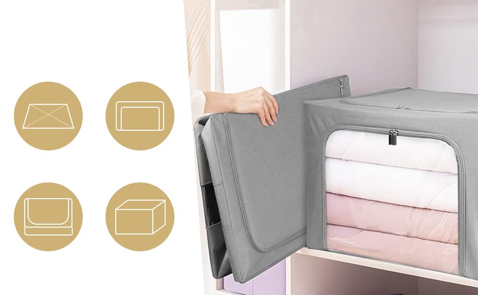 Stackable Clothes Storage Box for Clothing Gadgets,Steel Frame Storage Bins for Bedding Blankets Toys Gift,Foldable Oxford Fabric Closet Organizer Bag Set with Carry Handles and Clear Window (Large- 66L x3 Pack, Grey)