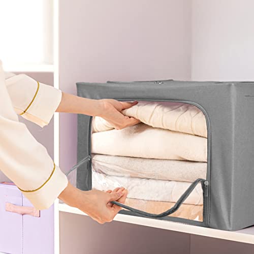 Stackable Clothes Storage Box for Clothing Gadgets,Steel Frame Storage Bins for Bedding Blankets Toys Gift,Foldable Oxford Fabric Closet Organizer Bag Set with Carry Handles and Clear Window (Large- 66L x3 Pack, Grey)