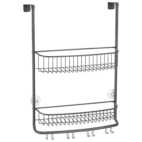 mDesign Extra Wide Stainless Steel Bath/Shower Over Door Caddy, Hanging Storage Organizer 2-Tier Rack with Hook and Basket, Holder for Soap, Shampoo, Loofah, Body Wash, Omni Collection, Graphite Gray