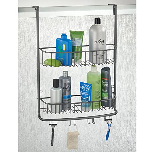 mDesign Extra Wide Stainless Steel Bath/Shower Over Door Caddy, Hanging Storage Organizer 2-Tier Rack with Hook and Basket, Holder for Soap, Shampoo, Loofah, Body Wash, Omni Collection, Graphite Gray