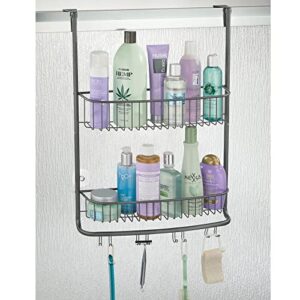 mDesign Extra Wide Stainless Steel Bath/Shower Over Door Caddy, Hanging Storage Organizer 2-Tier Rack with Hook and Basket, Holder for Soap, Shampoo, Loofah, Body Wash, Omni Collection, Graphite Gray