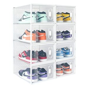 hrrsaki 8 pack x-large shoe storage boxes, shoe boxes clear plastic stackable, shoe organizer boxes with front opening lids, ventilation and dust-proof, shoe container boxes for closet, bedroom, bathroom, fit for women/men size 14(14” x 11” x 8.3”) (white