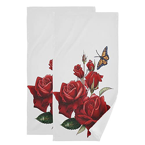 Rose Flower Butterfly Hand Towel 2pack 28x14.5 inch Ultra Soft Highly Absorbent Bath Towel Kitchen Dish Gift Guest Towel Home Bathroom Decor