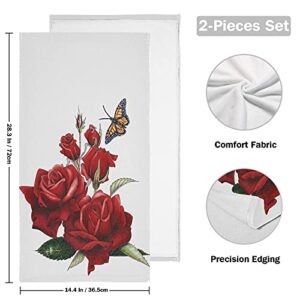 Rose Flower Butterfly Hand Towel 2pack 28x14.5 inch Ultra Soft Highly Absorbent Bath Towel Kitchen Dish Gift Guest Towel Home Bathroom Decor