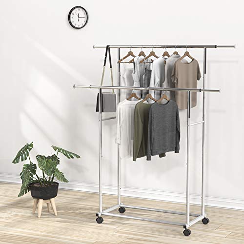 Simple Houseware Standard Double Rod Garment Rack, Silver