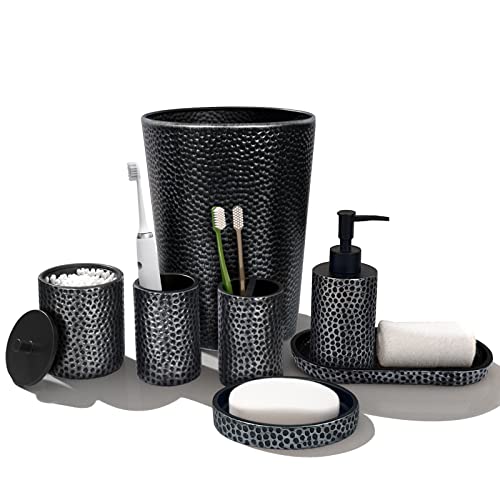 LKKL Bathroom Accessory Set-7 Pcs Bathroom Accessories Set with Bathroom Trash Can, Soap Dispenser Set,Bathroom Tray,Bathroom Canister for Qtip Holder, Toothbrush Holder,Tumbler,Soap Dish-Silver