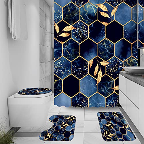 4Pcs Blue Marble Shower Curtain Sets, Leaves Grid Honeycomb Irregular Plaid Geometric Bathroom Decor, Rug Toilet Lid Cover and Non-Slip U Shape Mat, Waterproof Shower Curtain with 12 Hook, 72 x 72