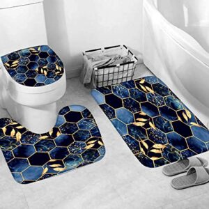 4Pcs Blue Marble Shower Curtain Sets, Leaves Grid Honeycomb Irregular Plaid Geometric Bathroom Decor, Rug Toilet Lid Cover and Non-Slip U Shape Mat, Waterproof Shower Curtain with 12 Hook, 72 x 72