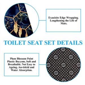 4Pcs Blue Marble Shower Curtain Sets, Leaves Grid Honeycomb Irregular Plaid Geometric Bathroom Decor, Rug Toilet Lid Cover and Non-Slip U Shape Mat, Waterproof Shower Curtain with 12 Hook, 72 x 72