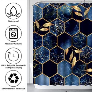 4Pcs Blue Marble Shower Curtain Sets, Leaves Grid Honeycomb Irregular Plaid Geometric Bathroom Decor, Rug Toilet Lid Cover and Non-Slip U Shape Mat, Waterproof Shower Curtain with 12 Hook, 72 x 72