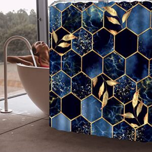 4Pcs Blue Marble Shower Curtain Sets, Leaves Grid Honeycomb Irregular Plaid Geometric Bathroom Decor, Rug Toilet Lid Cover and Non-Slip U Shape Mat, Waterproof Shower Curtain with 12 Hook, 72 x 72