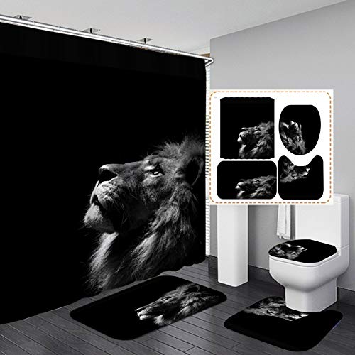 4 PCS Wild Animal Shower Curtain Sets with Non-Slip Rugs and Toilet Lid Cover Lion Dark Grey Majestic Forest King Bath Decor Shower Curtains 72"x 72" with 12 Hooks Durable Waterproof for Bathroom