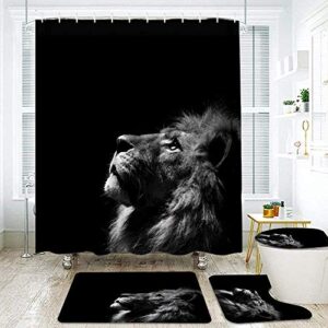 4 PCS Wild Animal Shower Curtain Sets with Non-Slip Rugs and Toilet Lid Cover Lion Dark Grey Majestic Forest King Bath Decor Shower Curtains 72"x 72" with 12 Hooks Durable Waterproof for Bathroom