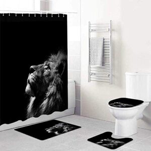 4 PCS Wild Animal Shower Curtain Sets with Non-Slip Rugs and Toilet Lid Cover Lion Dark Grey Majestic Forest King Bath Decor Shower Curtains 72"x 72" with 12 Hooks Durable Waterproof for Bathroom