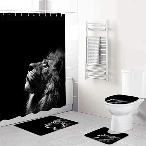 4 PCS Wild Animal Shower Curtain Sets with Non-Slip Rugs and Toilet Lid Cover Lion Dark Grey Majestic Forest King Bath Decor Shower Curtains 72"x 72" with 12 Hooks Durable Waterproof for Bathroom