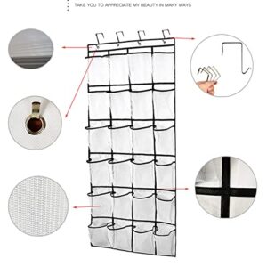 Shoe Organizer Hanging Over the Door, 24 Large Mesh Pockets behind Door Shoe Holder for Bedroom Closet with 4 Hooks (Grey)