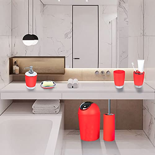 Bathroom Accessories Set of 6 Plastic Bathroom Accessories Toothbrush Holder, Flush Cup, Soap Hand Sanitizer Bottle, Trash Can, Toilet Brush with Stand (RED)