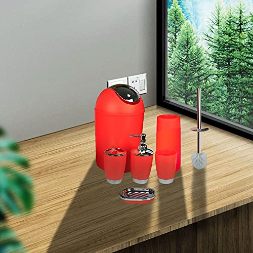 Bathroom Accessories Set of 6 Plastic Bathroom Accessories Toothbrush Holder, Flush Cup, Soap Hand Sanitizer Bottle, Trash Can, Toilet Brush with Stand (RED)