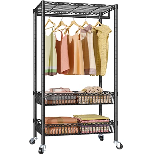 VIPEK X2 Rolling Garment Rack Adjustable Wire Clothing Rack Portable Closet Rack with Hanging Rod Metal Basket Heavy Duty Clothes Drying Rack Laundry Sorter Cart Bathroom Storage Shelves, Black