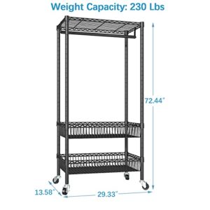 VIPEK X2 Rolling Garment Rack Adjustable Wire Clothing Rack Portable Closet Rack with Hanging Rod Metal Basket Heavy Duty Clothes Drying Rack Laundry Sorter Cart Bathroom Storage Shelves, Black