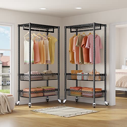 VIPEK X2 Rolling Garment Rack Adjustable Wire Clothing Rack Portable Closet Rack with Hanging Rod Metal Basket Heavy Duty Clothes Drying Rack Laundry Sorter Cart Bathroom Storage Shelves, Black