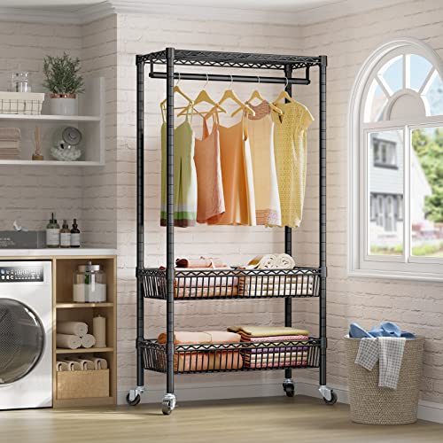 VIPEK X2 Rolling Garment Rack Adjustable Wire Clothing Rack Portable Closet Rack with Hanging Rod Metal Basket Heavy Duty Clothes Drying Rack Laundry Sorter Cart Bathroom Storage Shelves, Black