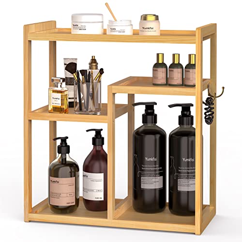 Yumkfoi Bathroom Organizer Countertop, Wood Vanity Organizers and Storage Bathroom Sink Organizer, Counter Shelf Trays Holders, Skincare Makeup Cosmetics Organizers, Kitchen Spice Standing Rack