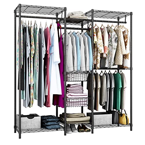 Xiofio 6 Tiers Heavy Duty Garment Rack,Clothing Storage Organizer, Metal Clothing Rack,Clothing Rack with Hanging Rod,Adjustable Shelf and Fixed Baskets,60.7"L x 15.7"W x 70.5"H Max Load 720LBS,Black·