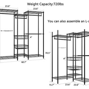 Xiofio 6 Tiers Heavy Duty Garment Rack,Clothing Storage Organizer, Metal Clothing Rack,Clothing Rack with Hanging Rod,Adjustable Shelf and Fixed Baskets,60.7"L x 15.7"W x 70.5"H Max Load 720LBS,Black·