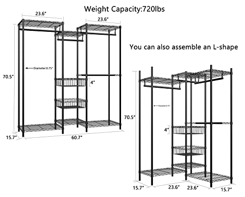 Xiofio 6 Tiers Heavy Duty Garment Rack,Clothing Storage Organizer, Metal Clothing Rack,Clothing Rack with Hanging Rod,Adjustable Shelf and Fixed Baskets,60.7"L x 15.7"W x 70.5"H Max Load 720LBS,Black·