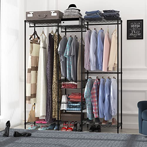 Xiofio 6 Tiers Heavy Duty Garment Rack,Clothing Storage Organizer, Metal Clothing Rack,Clothing Rack with Hanging Rod,Adjustable Shelf and Fixed Baskets,60.7"L x 15.7"W x 70.5"H Max Load 720LBS,Black·